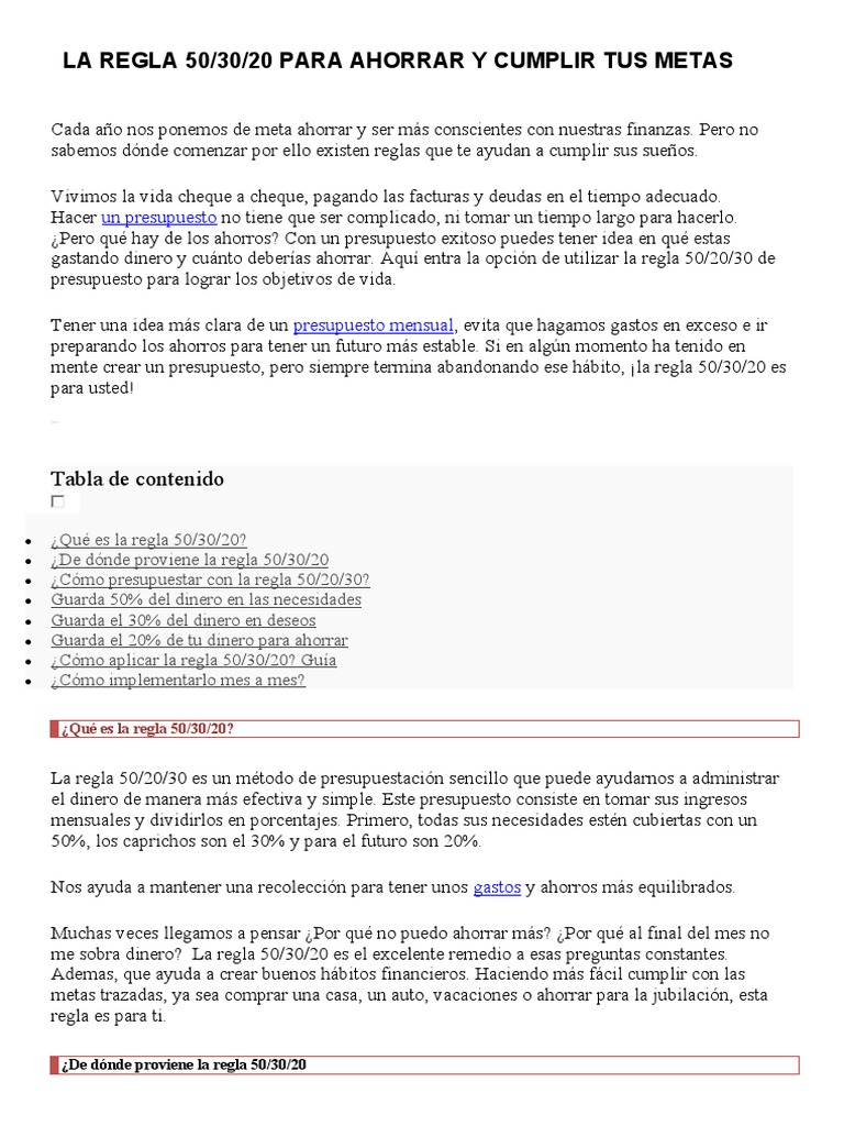 La Regla 50-30-20 para Ahorrar y Cumplir Tus Metas | PDF | Presupuesto | Impuestos