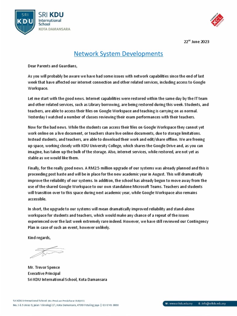 20230622+ +SKDU+International+School+ +Letter+to+Parents+Re+System+Breakdown | PDF