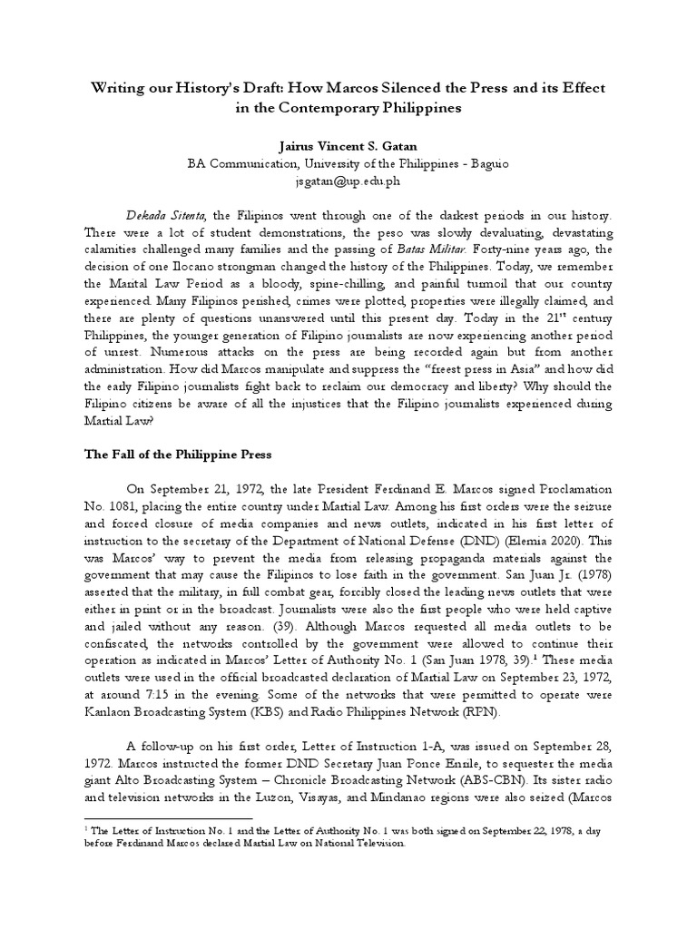 Writing Our History's Draft How Marcos Silenced The Press and Its ...