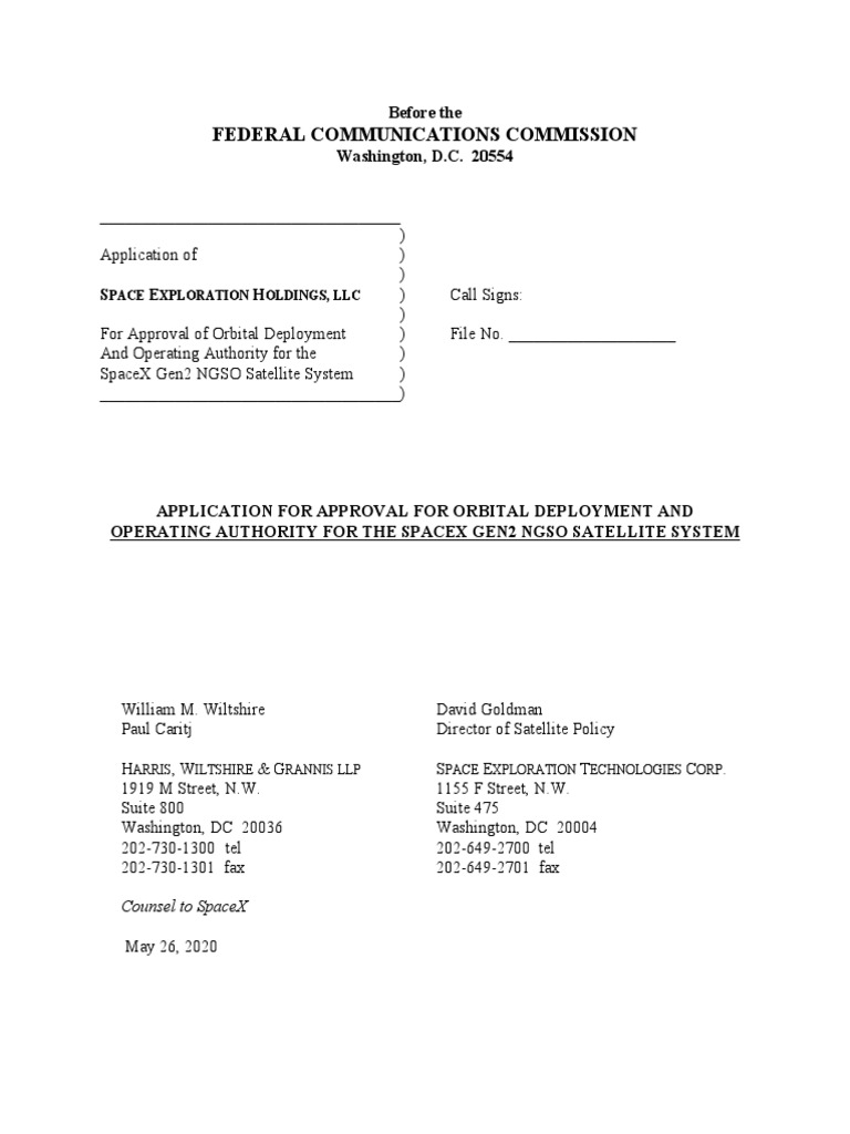 Application For Approval For Orbital Deployment and Operating Authority ...