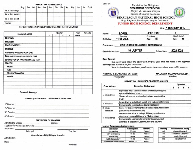 SF 9 JHS Aligned | PDF