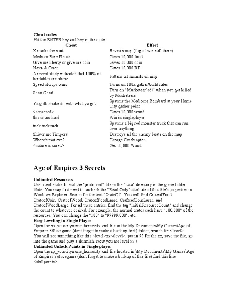 AOE 3 Cheat Codes | PDF | Computer File | Directory (Computing)