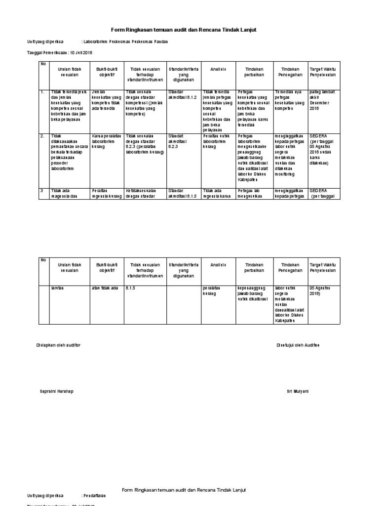Form Ringkasan Temuan Audit Dan Rencana Tindak Lanjut | PDF