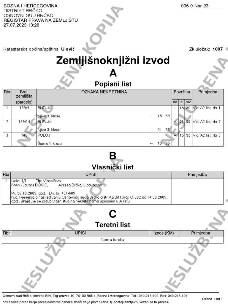 Zemljišnoknjižni Izvod A: Popisni List | PDF