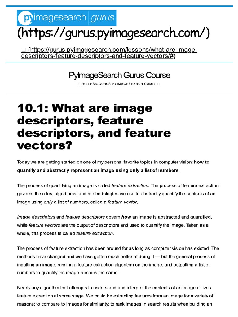 10.1 - What Are Image Descriptors, Featu... Feature Vectors - PyImageSearch Gurus | PDF