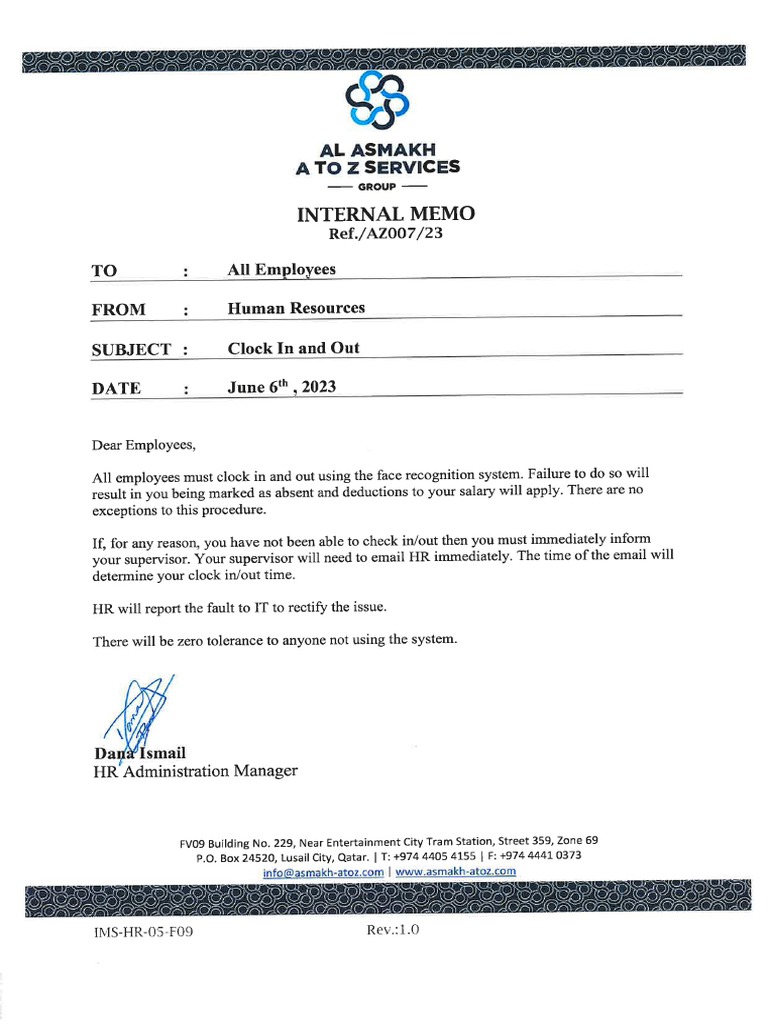 Memo - Clock in and Out English | PDF