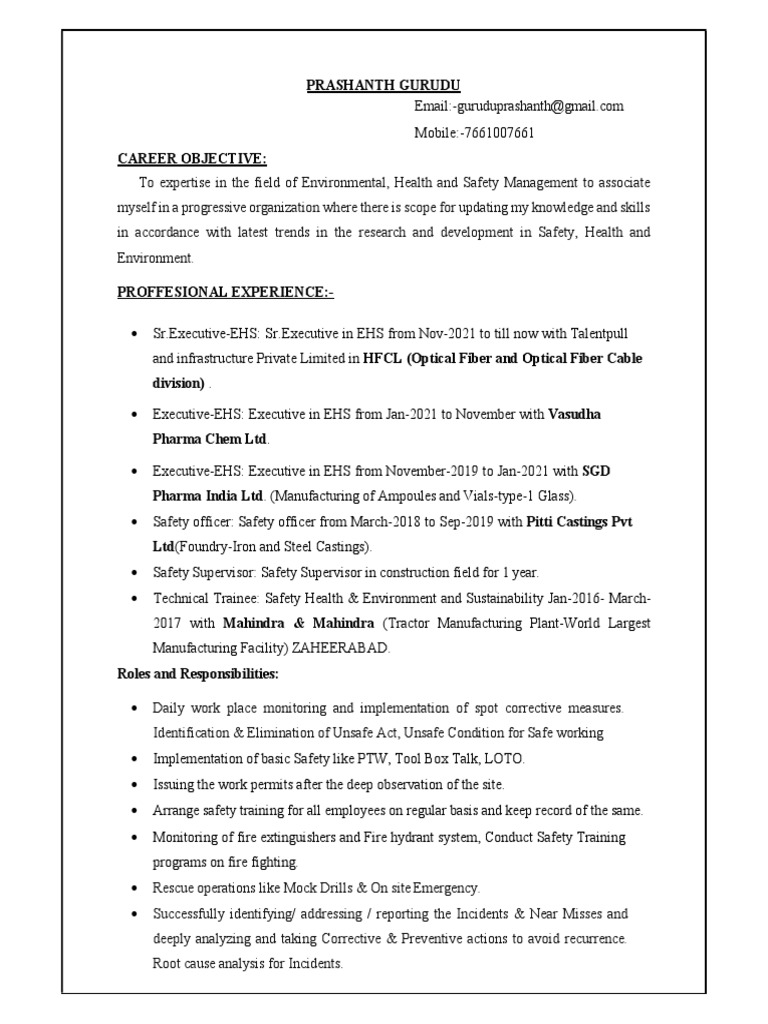Prashanth Resume | PDF | Occupational Safety And Health | Personal Protective Equipment