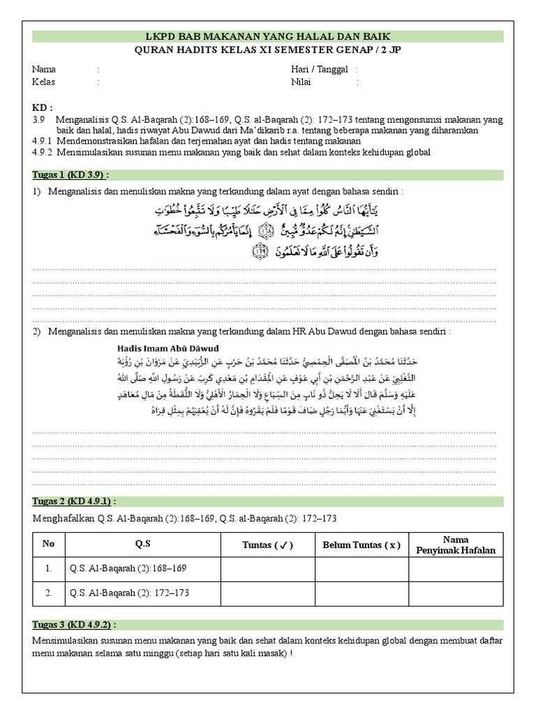 LKPD QH BAB MAKANAN HALAL DAN THOYYIB | PDF