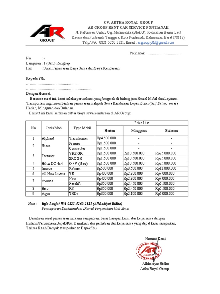 Contoh Penawaran Sewa Mpbil | PDF