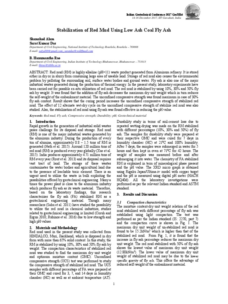 Alam - 2017 Stabilization of Red Mud Using Low Ash Coal Fly Ash | PDF