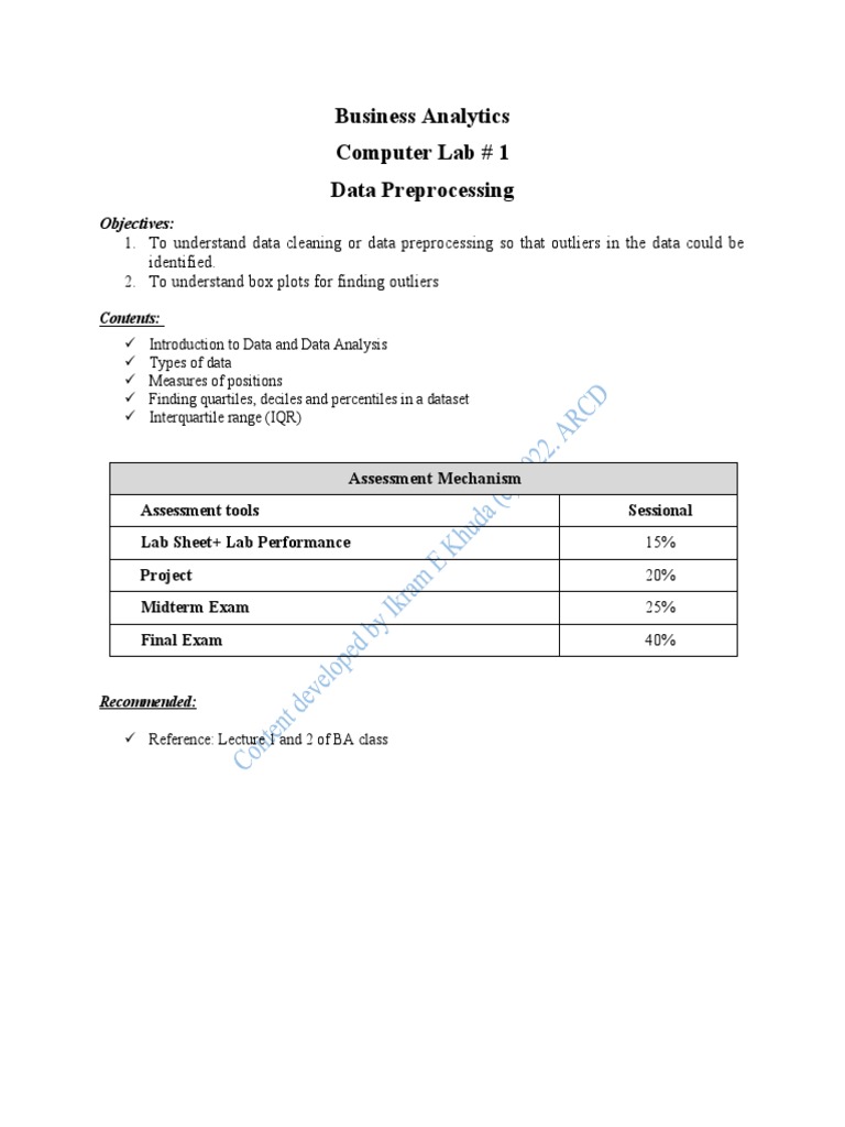 BA Computer Lab 1-Data Preprocessing | PDF | Statistics | Data