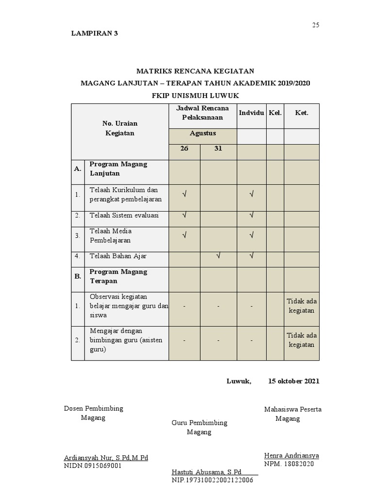 Lampiran 3 Matriks Rencana Kegiatan Magang III Terapan | PDF
