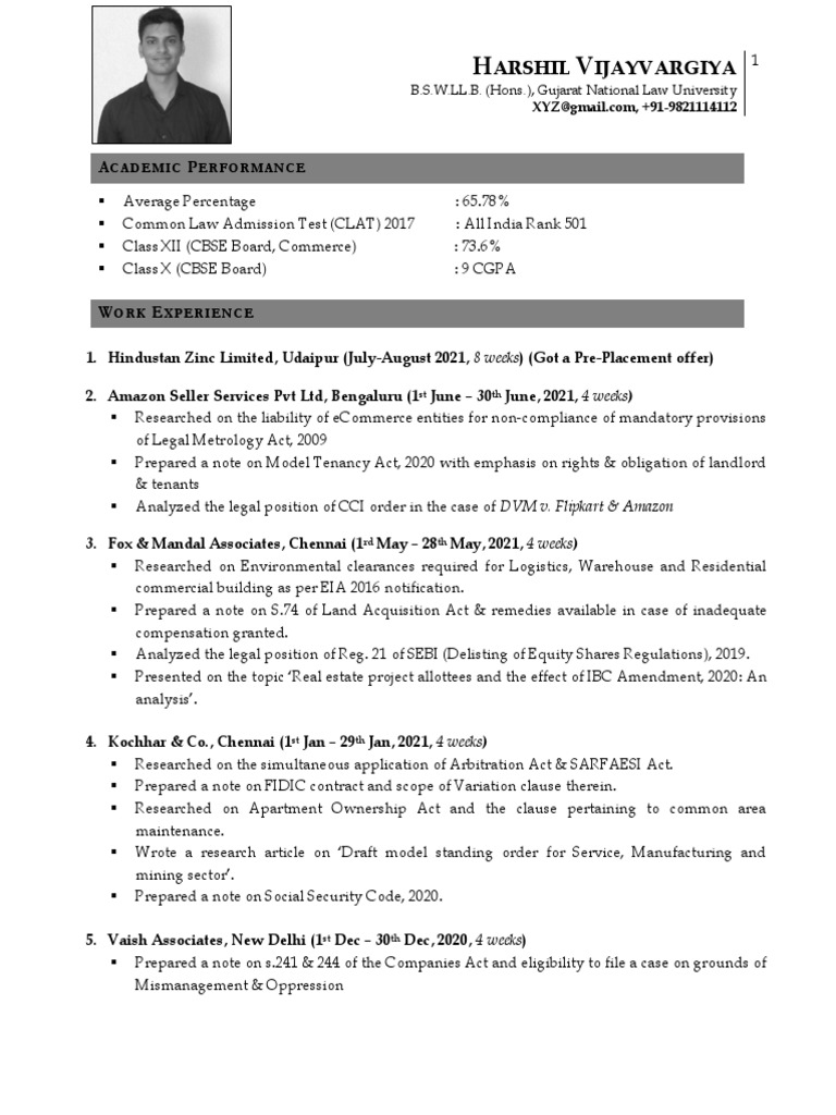 Harshil Vijayvargiya CV - General | PDF | Common Law | Business Law