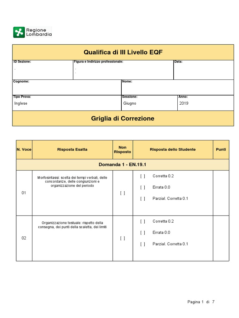 Griglia Correzione Inglese III Anno | PDF