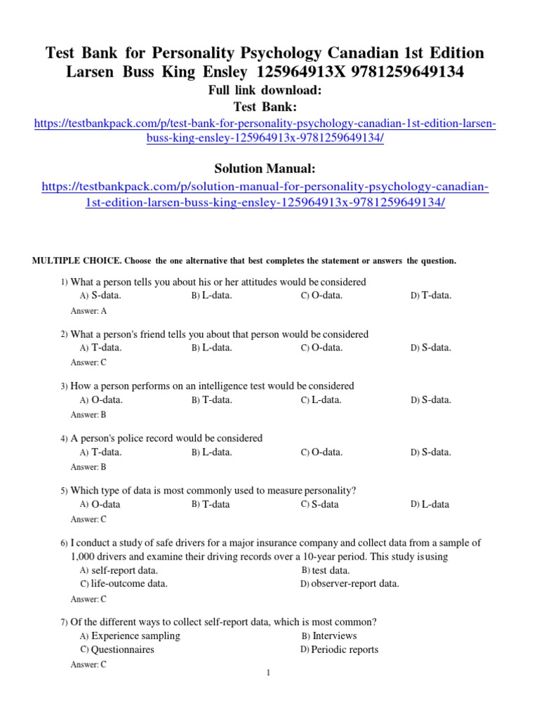 Personality Psychology Canadian 1st Edition Larsen Buss King Ensley ...