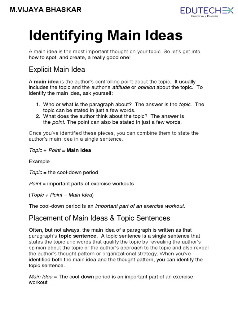 Identifying The Main Idea | PDF | Paragraph | Thought