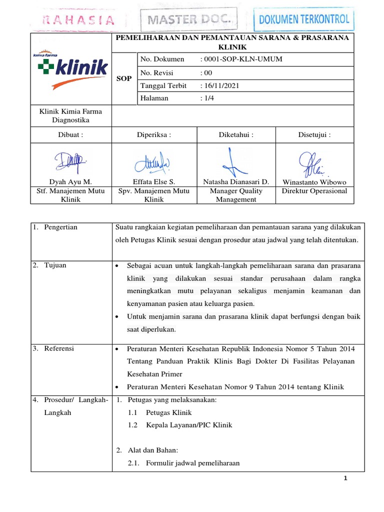 0001-Sop-Kln-Umum Pemeliharaan Dan Pemantauan Sarana Dan Prasarana Klinik | PDF