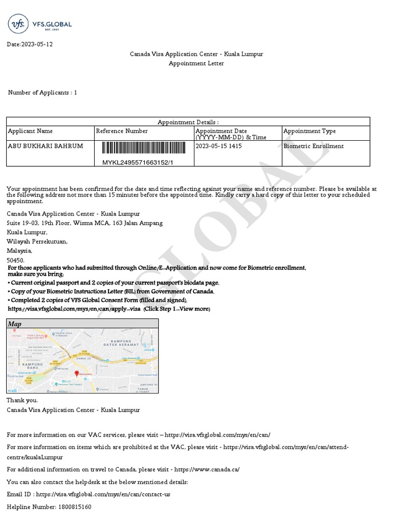 Canada Visa Appointment Confirmation | PDF