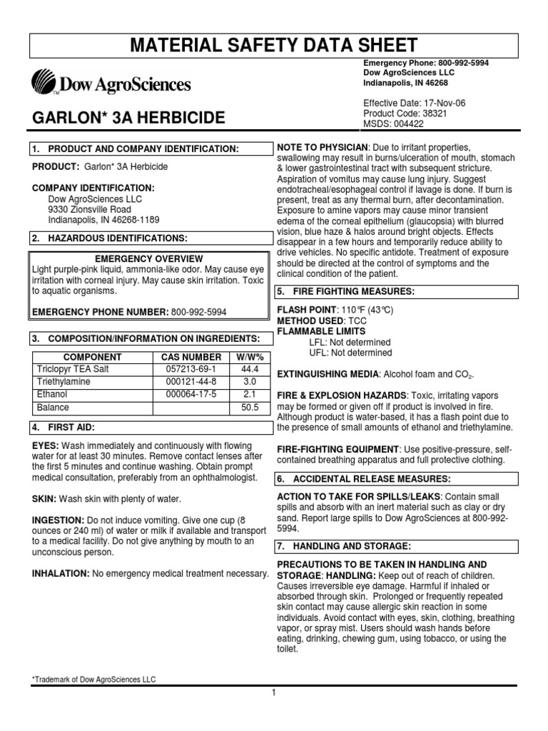Garlon 3A Herbicide Safety Sheet | PDF | Dangerous Goods | Superfund