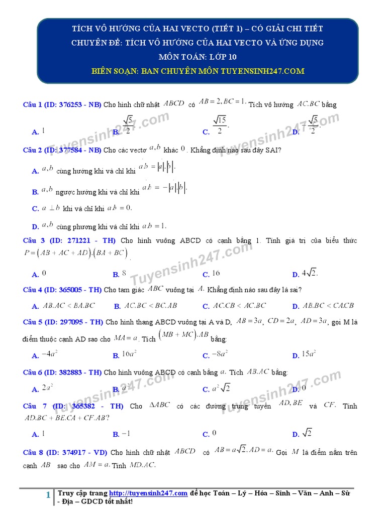 TS247 DT de Online Tich Vo Huong Cua Hai Vecto Tiet 1 Co Loi Giai Chi Tiet 52690 1606271098 | PDF