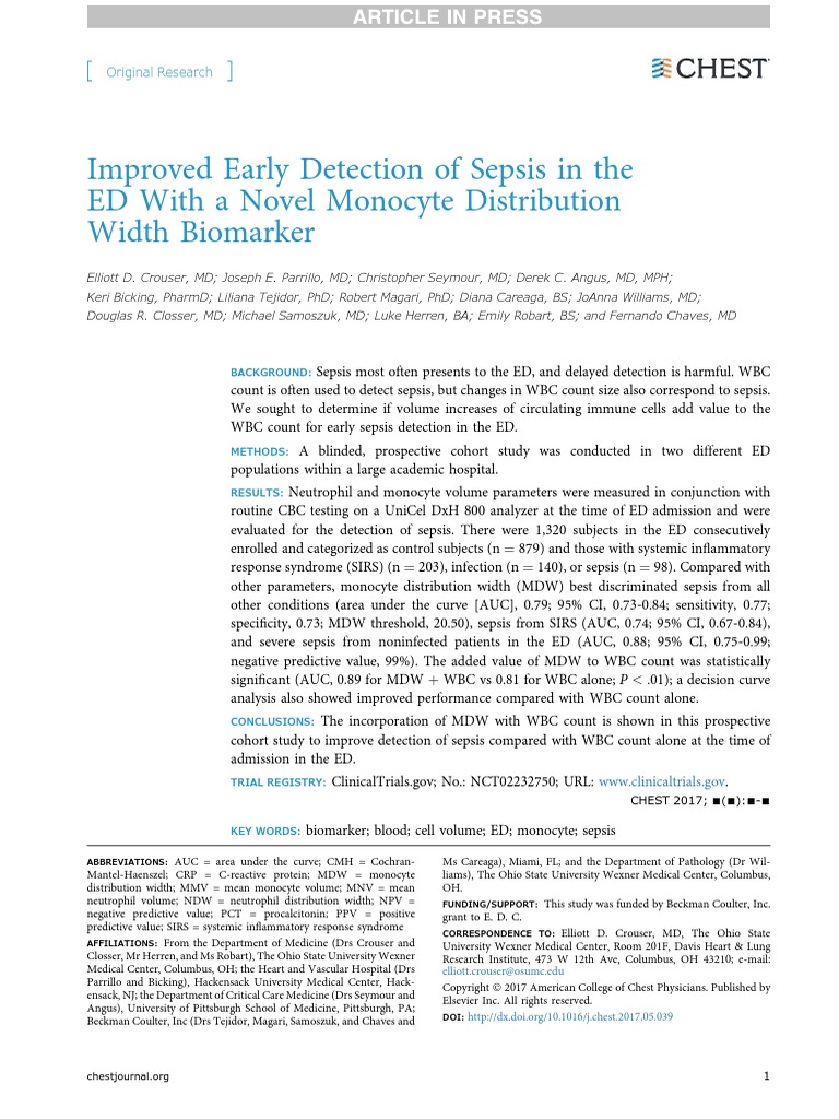 1-2017 - Improved Early Detection of Sepsis | PDF | Sepsis | White ...