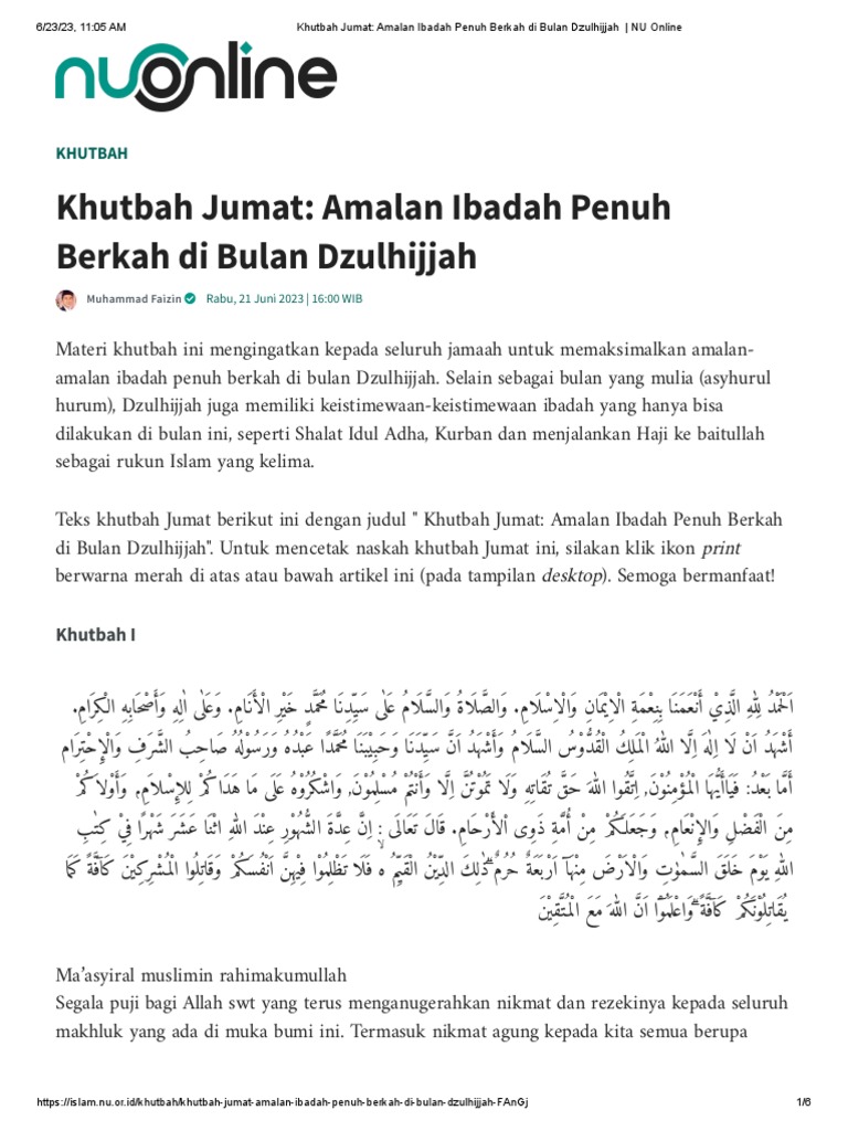 Khutbah Jumat - Amalan Ibadah Penuh Berkah Di Bulan Dzulhijjah - NU Online | PDF