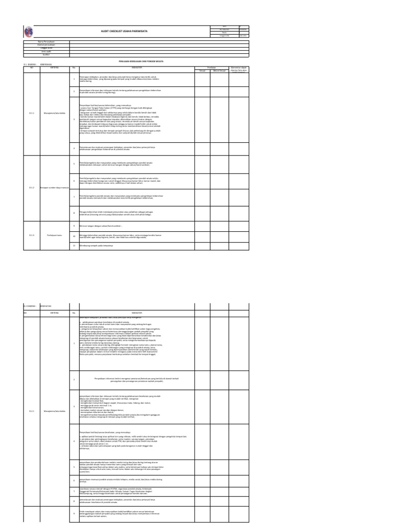 Checklist CHSE Pondok Wisata SNI 9042-2021 | PDF