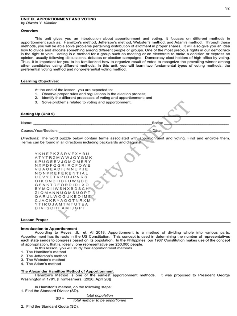 Unit 9 - Apportionment and Voting (DYVillaflor) | PDF