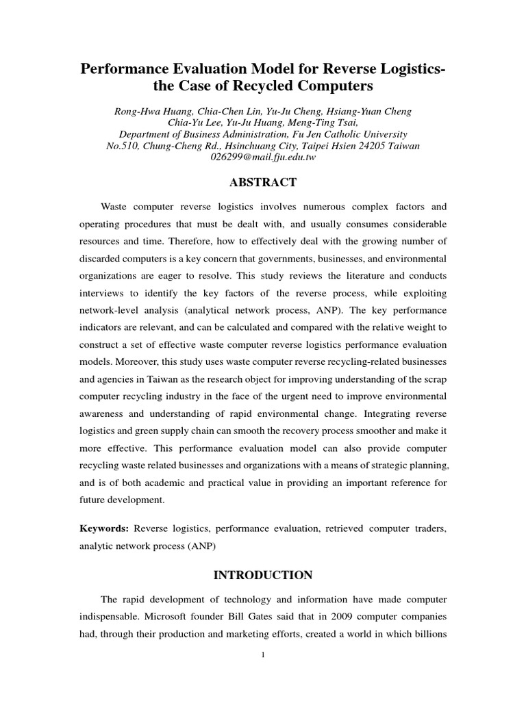 Performance Evaluation Model For Reverse Logistics-The Case of Recycled Computers | PDF