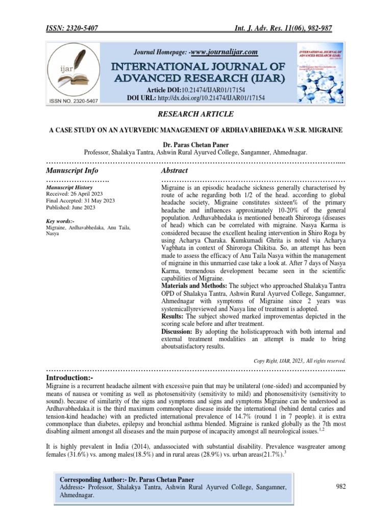 A Case Study On An Ayurvedic Management of Ardhavabhedaka W.S.R ...