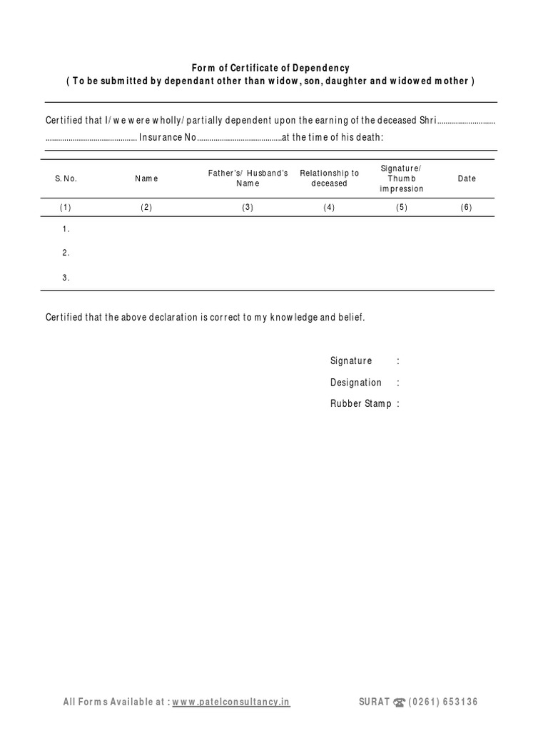 Form of Certificate of Dependency | PDF