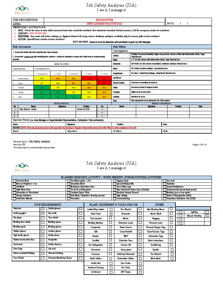 Job Safety Analysis Excavation | PDF
