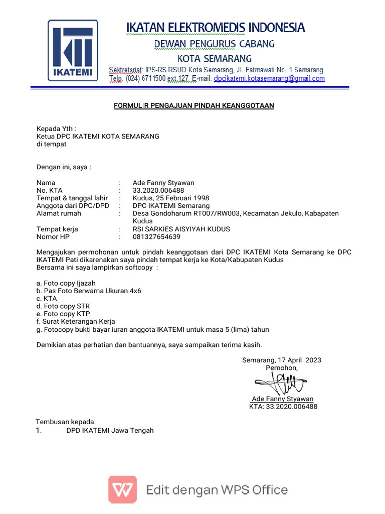Formulir Pengajuan Mutasi DPC Kota SMG - April 2023 | PDF