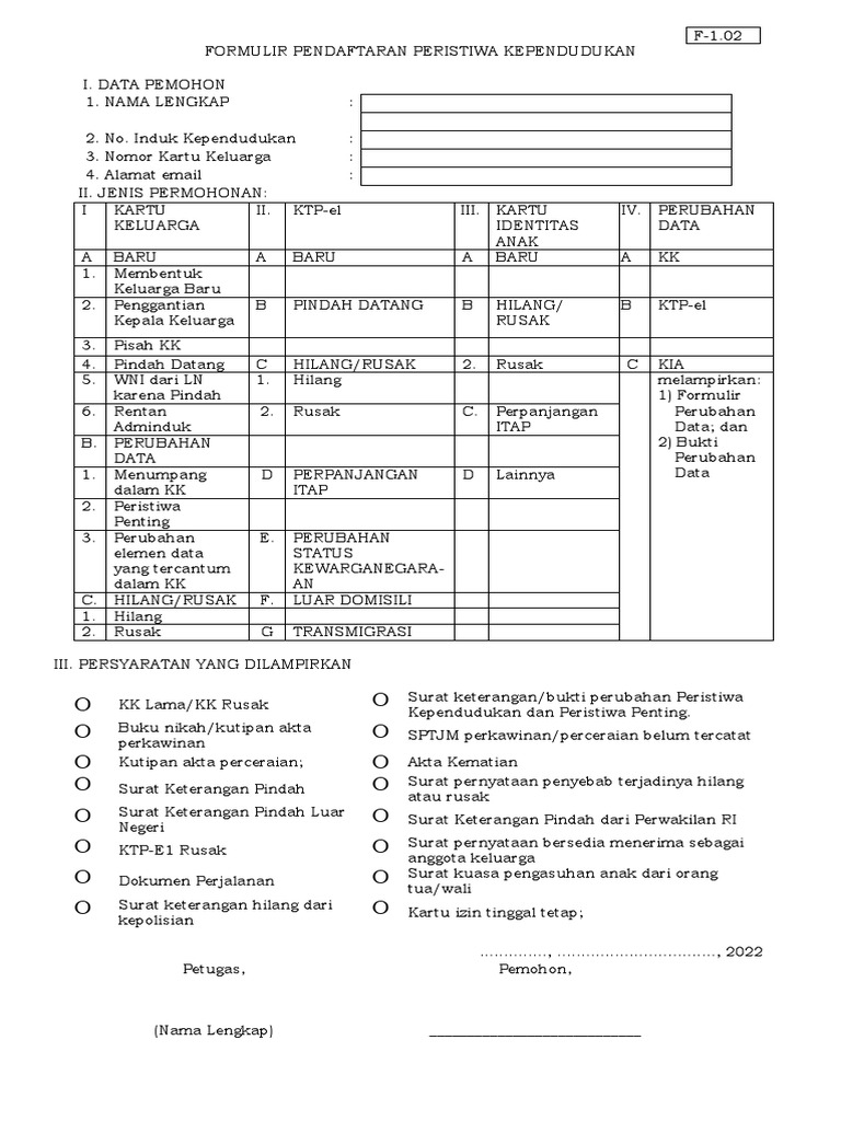 F 1.02 Formulir Pendaftaran Peristiwa Kependudukan | PDF