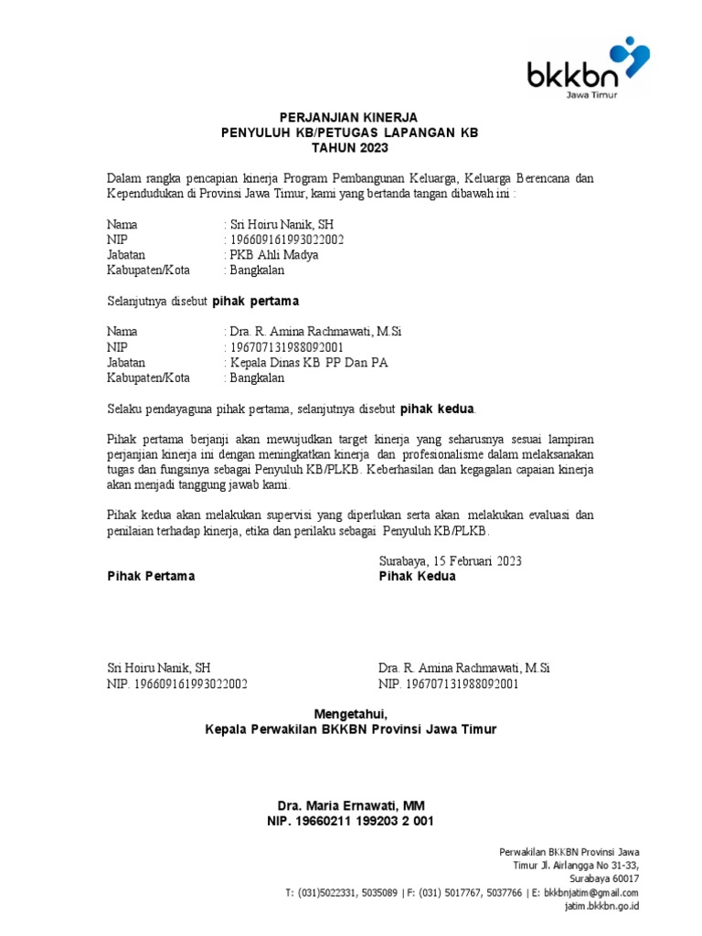 Format Perjanjian Kinerja PKB Tahun 2023 New | PDF