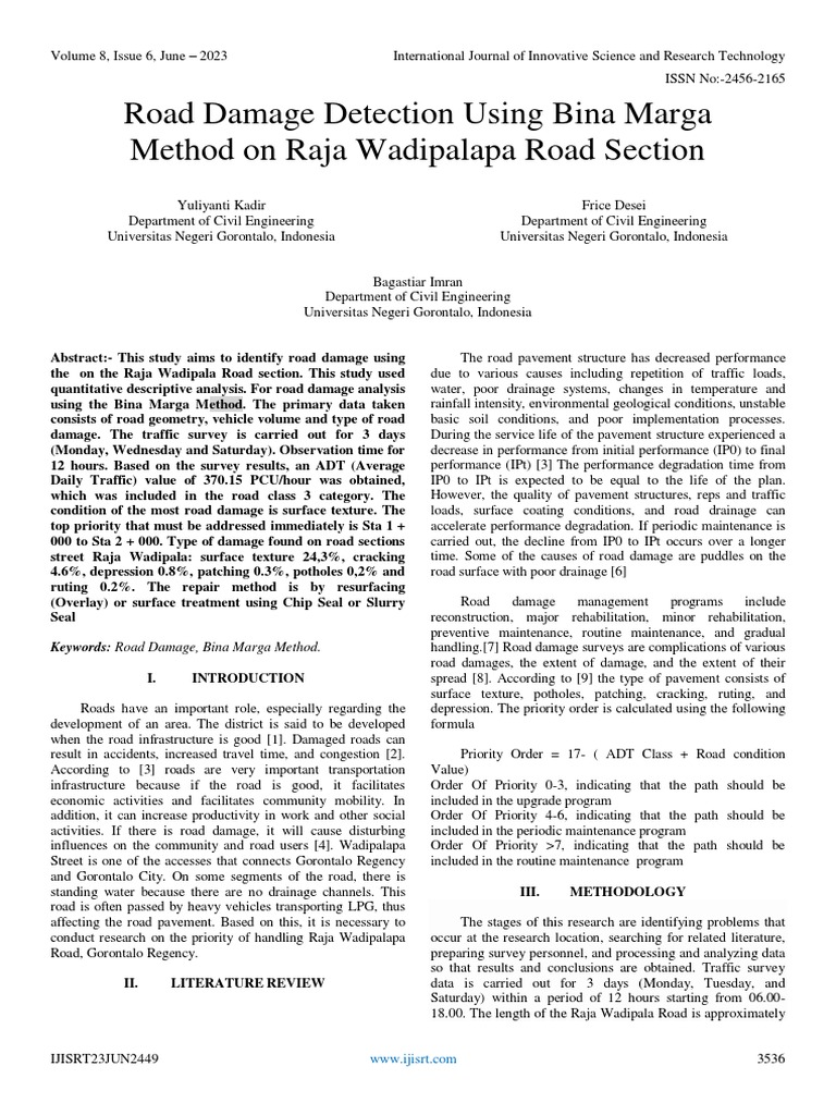 Road Damage Detection Using Bina Marga Method On Raja Wadipalapa Road Section | PDF
