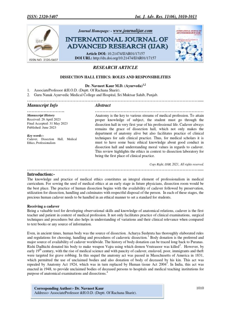 Dissection Hall Ethics: Roles and Responsibilities | PDF | Cadaver ...