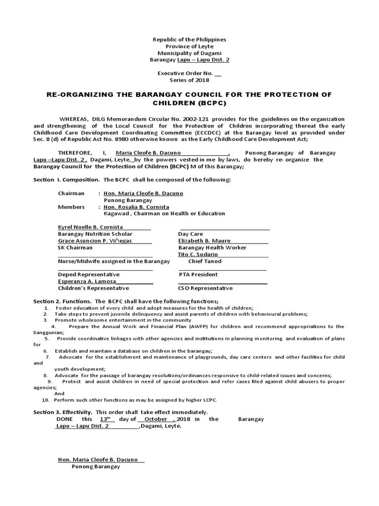 BCPC Executive Order | PDF | Family | Human Development