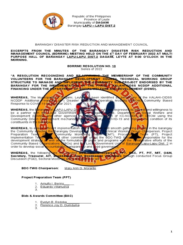 BDRRMC RESOLUTION REAFFIRMING Dagami | PDF