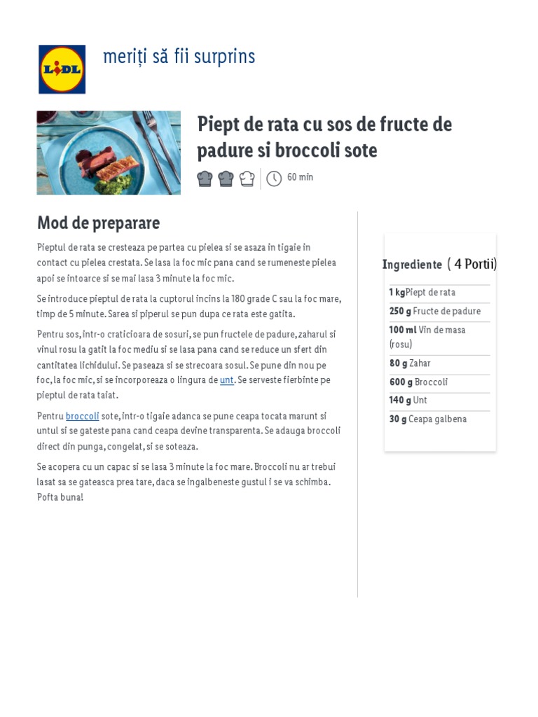 Piept de rata cu sos de fructe de padure si broccoli sote | PDF