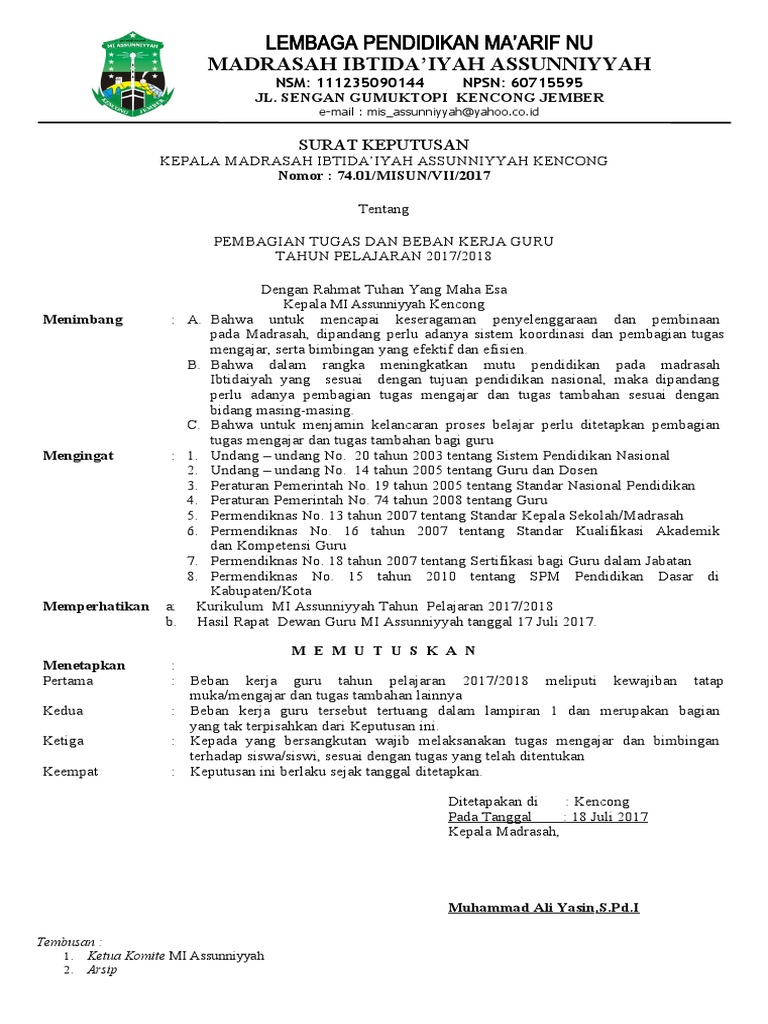 SK Pembagian Tugas JTM - 2017-2018 | PDF