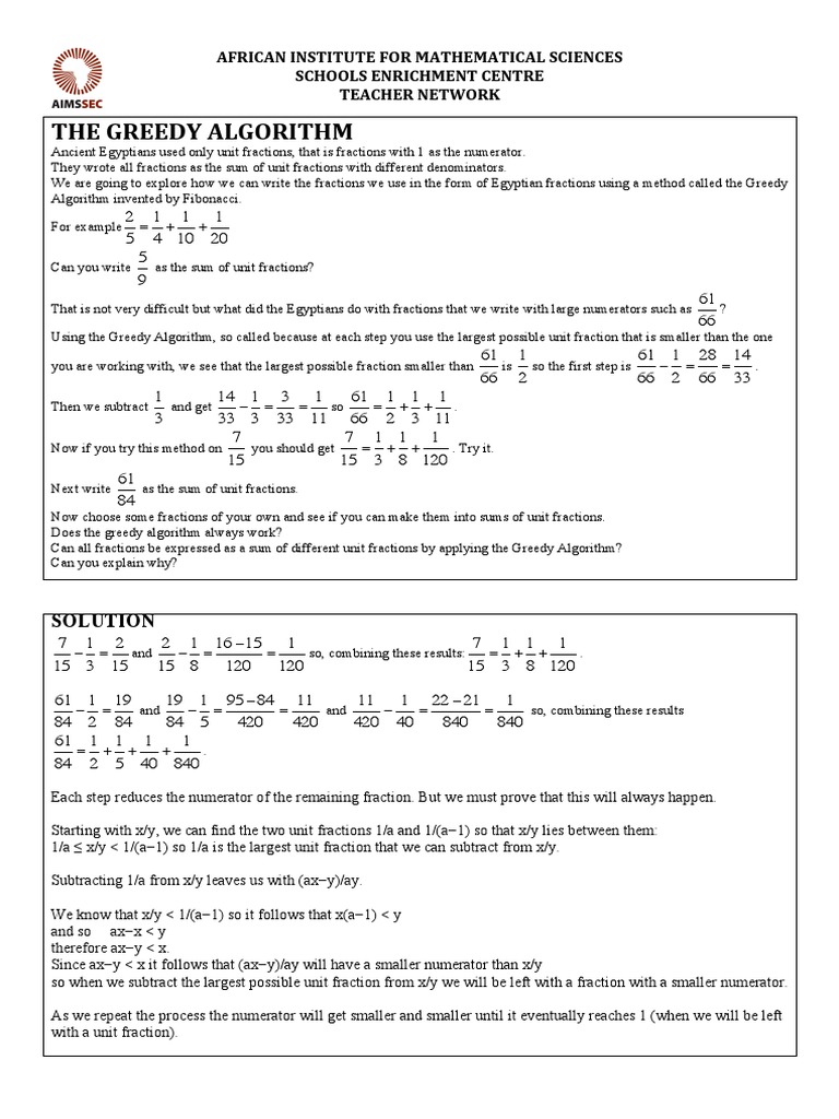 Teacher Notes Greedy Algorithm Pdf Mathematics Division Mathematics 5791