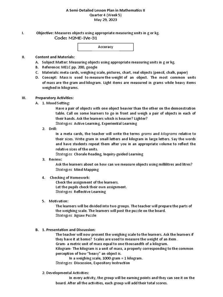 Measuring Mass: Grams and Kilograms Lesson | PDF | Weight | Kilogram