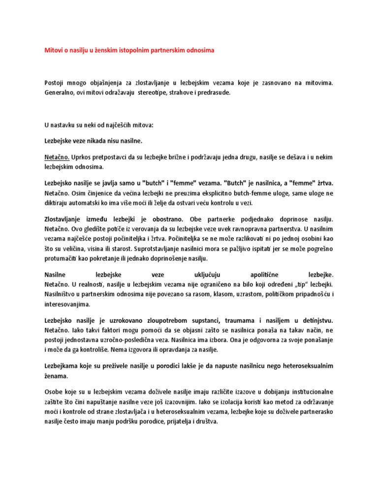 Mitovi o Nasilju U Ženskim Istopolnim Partnerskim Odnosima | PDF