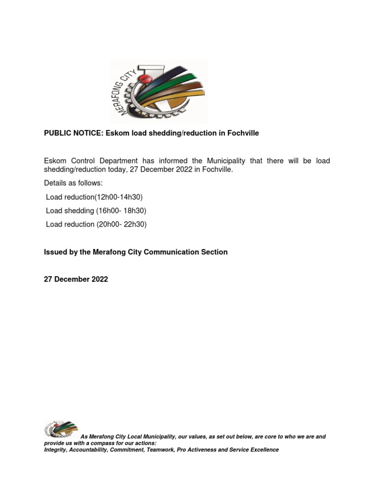 Public Notice Eskom Load Shedding Reduction | PDF