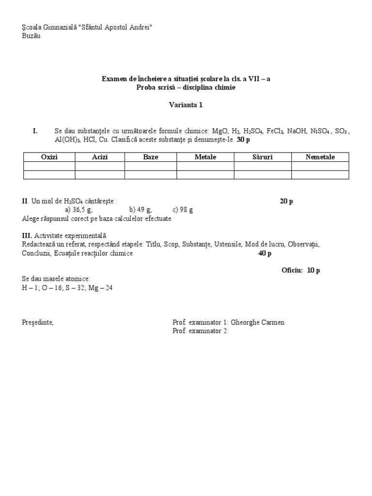 Examen de Incheiere A Situatiei Scolare La Cls. A VII A | PDF