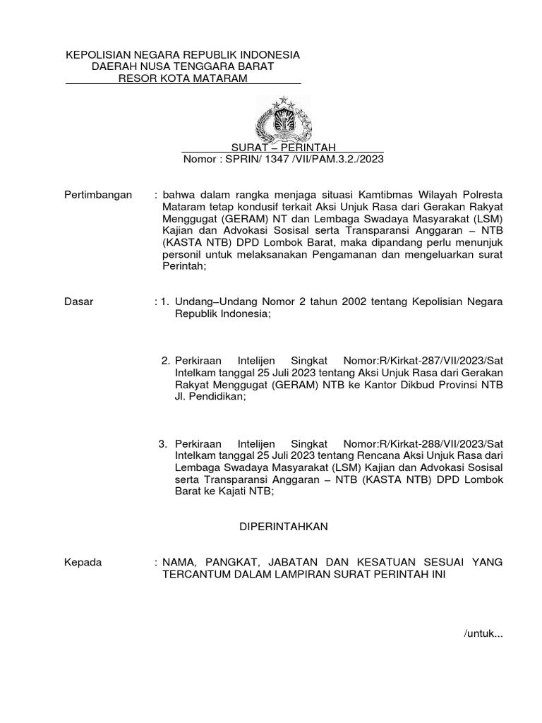 Sprin Pam Unras Tanggal 26 Juli 2023 | PDF