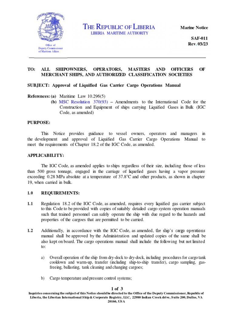 LIBERIA Marine Notice SAF-011 Rev. 03.23 SUBJECT Approval of Liquified ...