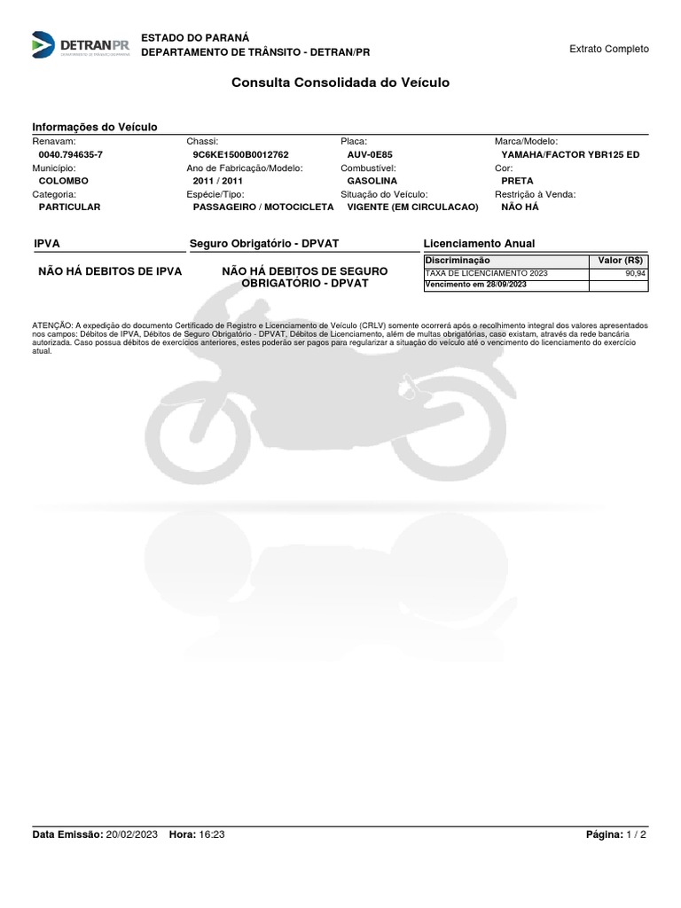 ExtratoVeiculo Completo 407946357 20022023 | PDF