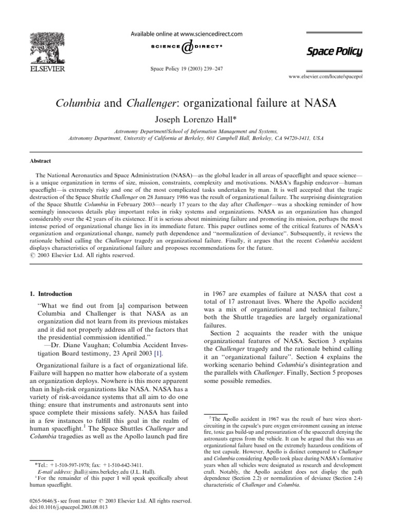 Columbia and Challenger - Organizational Failure at NASA | PDF | Space ...